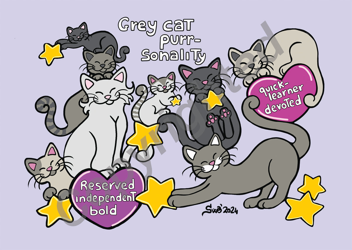 Drawings D051: Titina and Friends - Grey Cat Purrsonality| Postcards Market